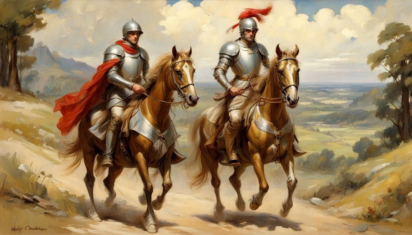 Knight and squire on foot on a quest.Golden ratio. Painted by Howard ...