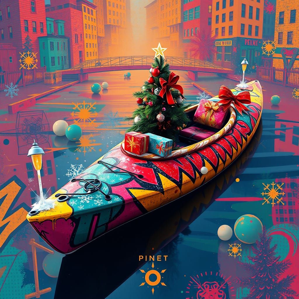A Christmas-themed kayak - Vibrant Christmas Kayak in Graffi...