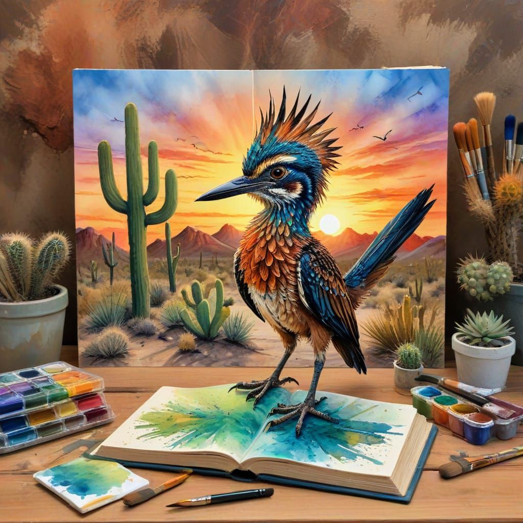 Roadrunner Art In the Desert - Vibrant Desert Sunset with Ro...