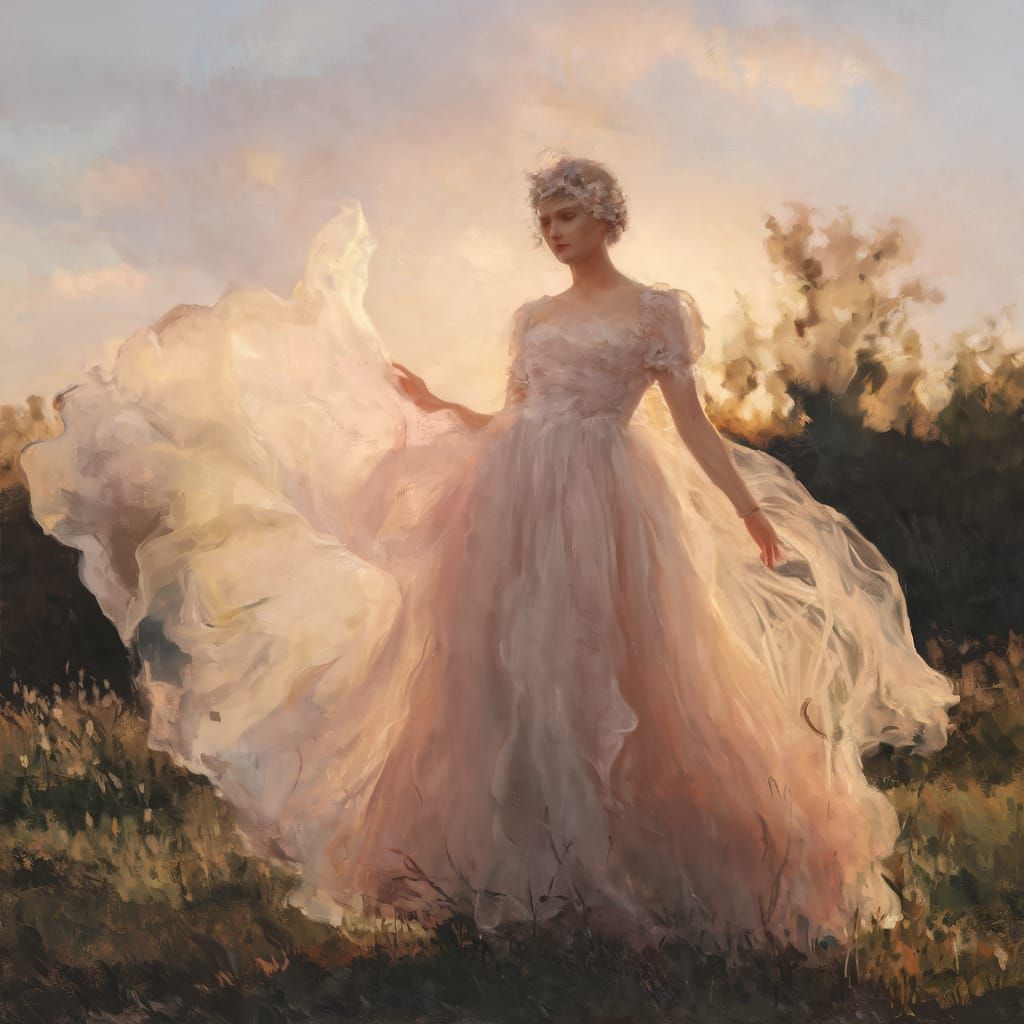 Art by John Singer Sargent, flowing tulle dress, elegant figure, softly ...