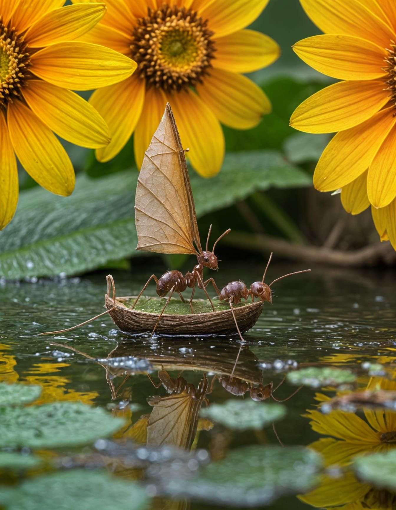 A tiny ant sits comfortably on a boat made of a nut shell with a sail ...