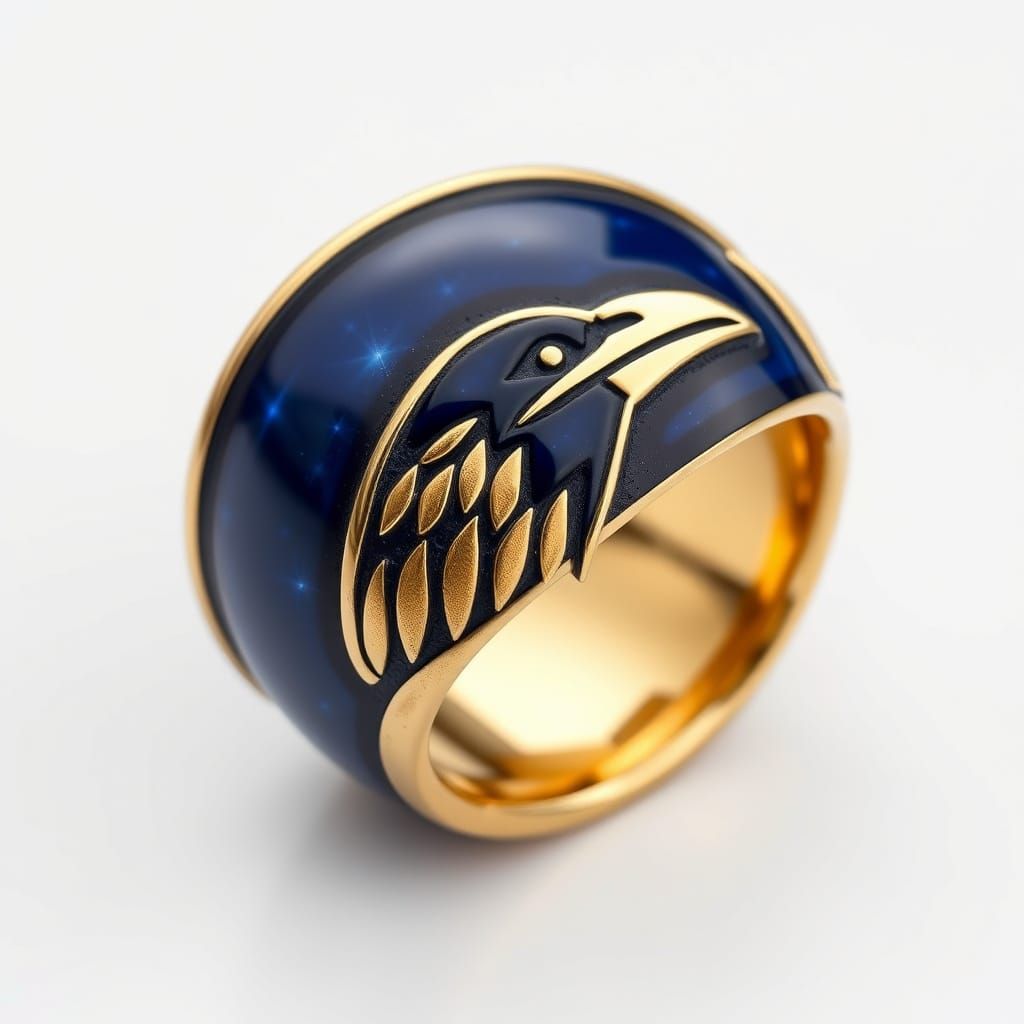 An indigo gold ring that features a raven motif. The raven symbol could ...