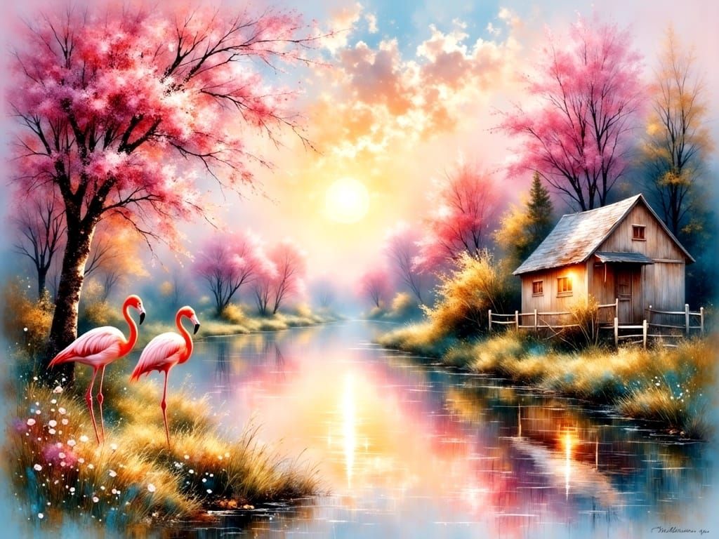 Spring Pink - Ethereal Spring Landscape with Flamingos and C...