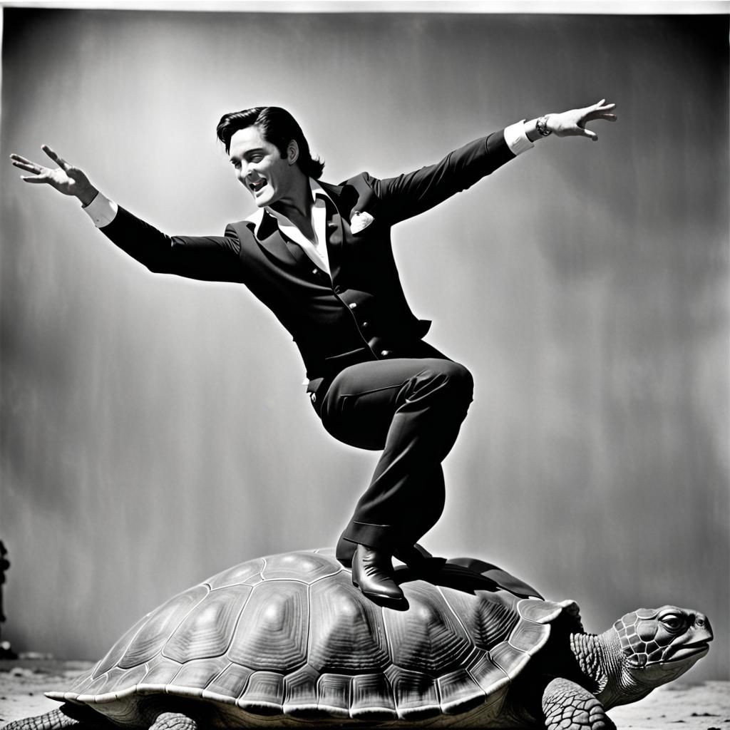 Black and white celebrity photo. Evis Presley dancing on a giant turtle ...