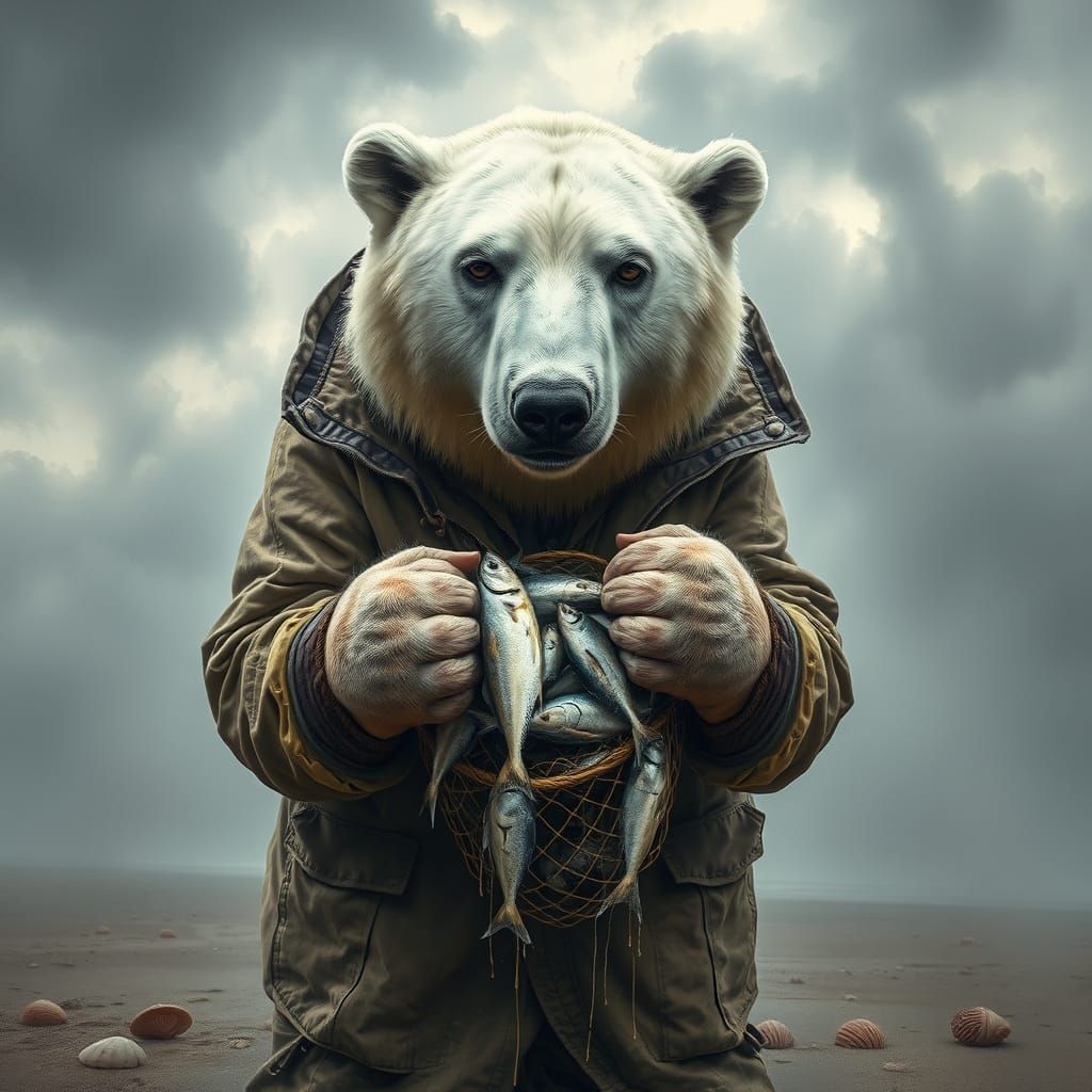 fisherman - Friendly Polar Bear Fisherman in Oil Painting St...