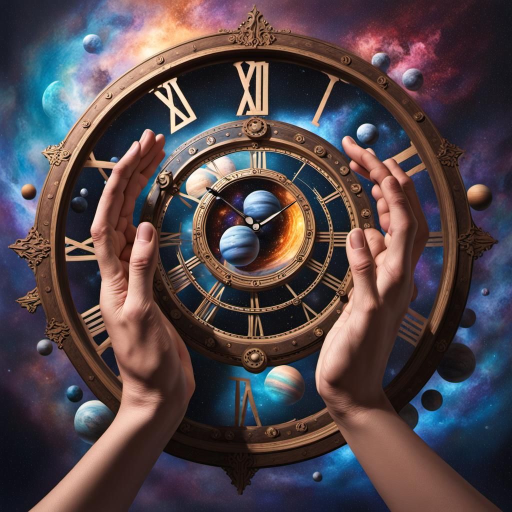 A cosmic clock with planets and galaxies orbiting as hands, marking the ...