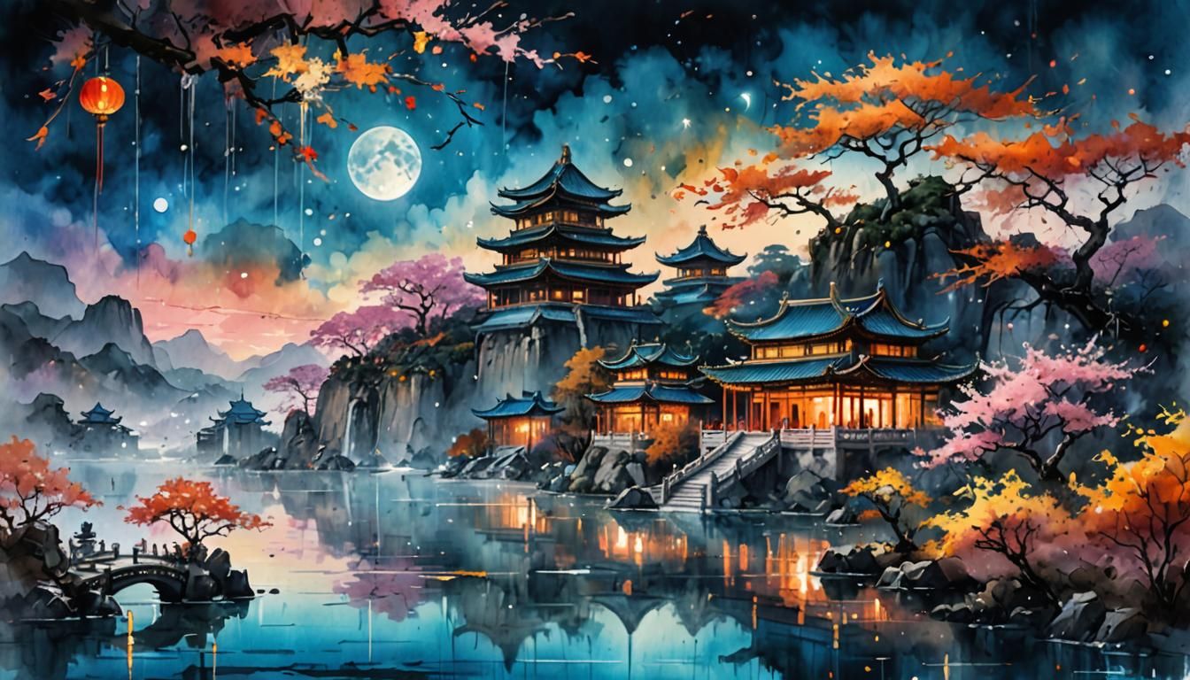Chinese Palace - Epic Chinese Palace at Twilight in Watercol...