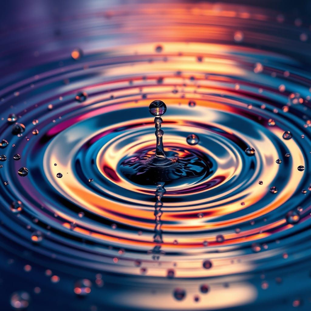 concentric circles and wave patterns formed by raindrops on a water surface
