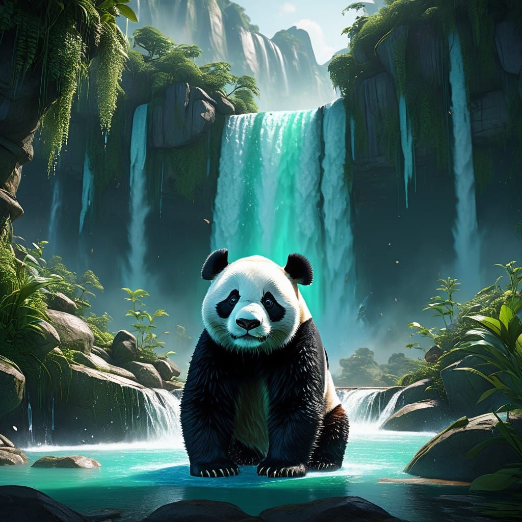panda at a waterfall - Dreamlike Panda at Majestic Waterfall...