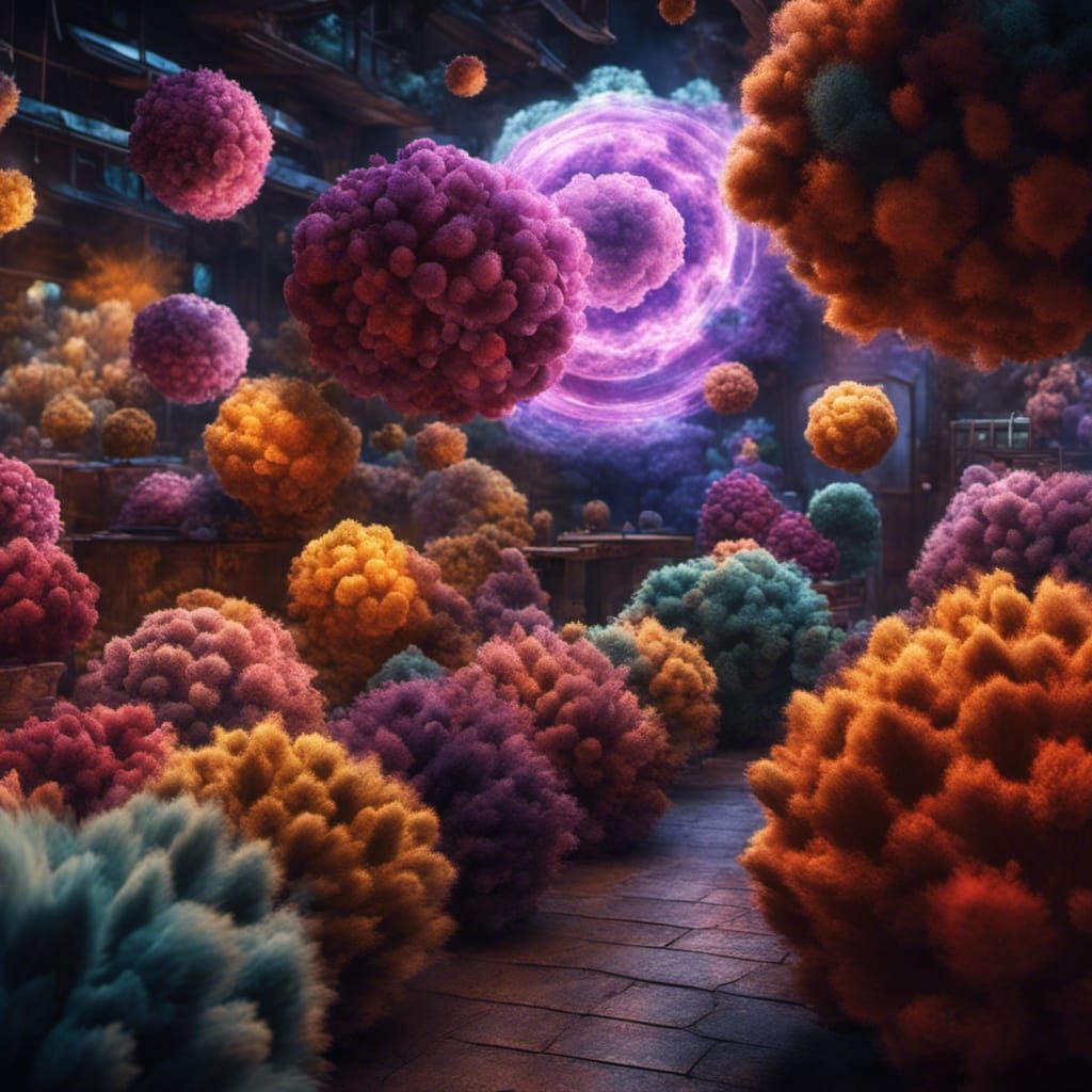 Shrubbery alien invasion through a portal at the farmer’s market. - AI ...