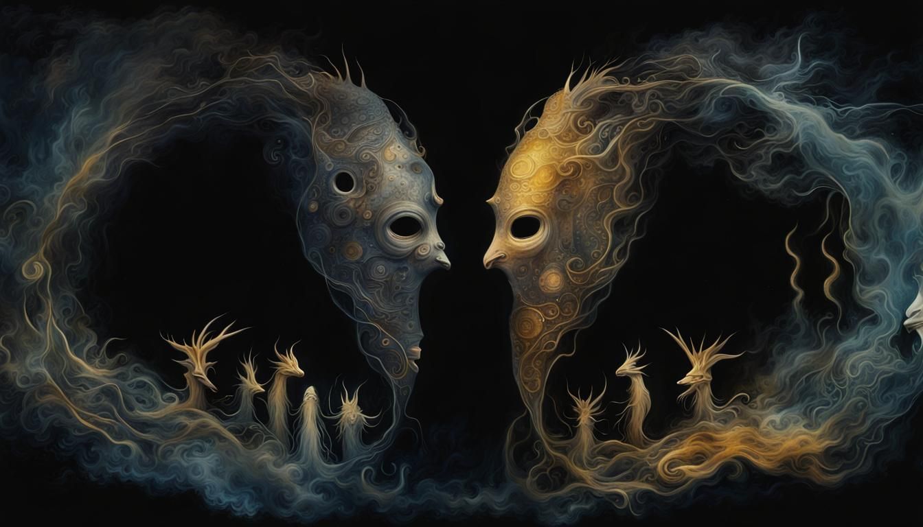 widescreen surreal painting of metaphysical creatures %&/()= surrounded ...