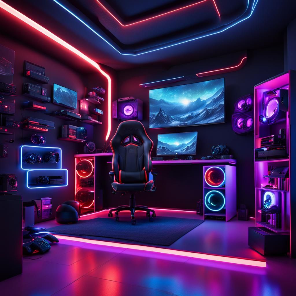 Gaming PC room with full RGB color scheme and full of RPG style ...