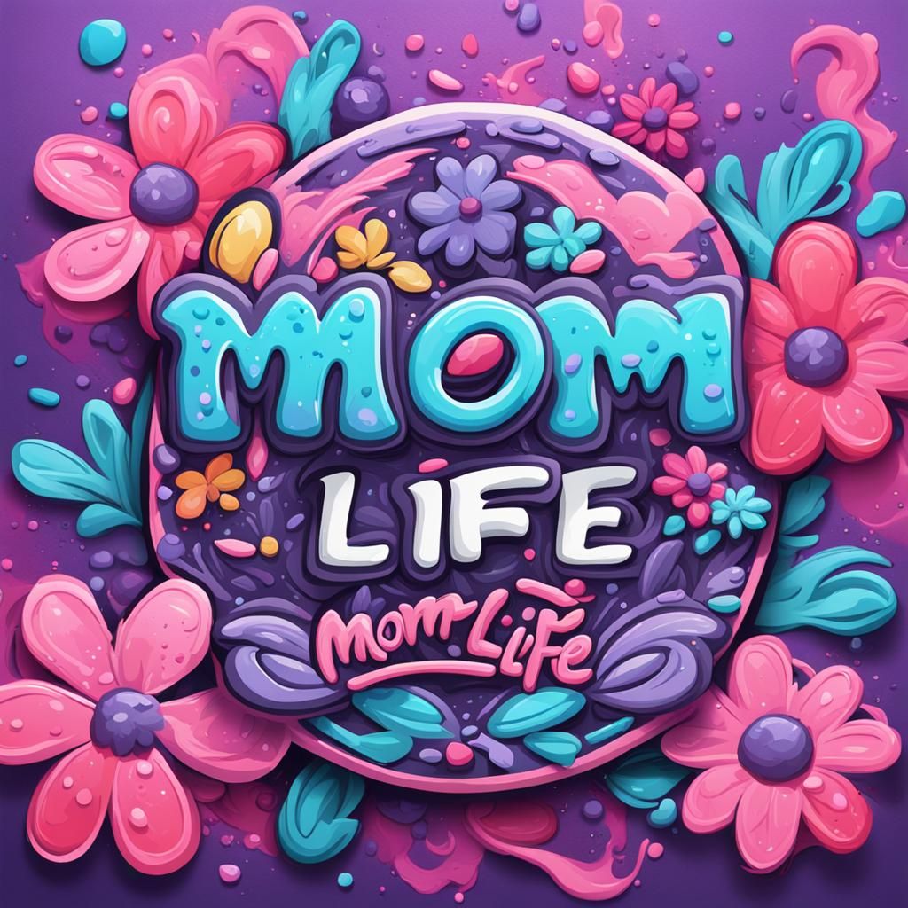 logo with the words “mom life” incorporate flowers , pink blue purple ...