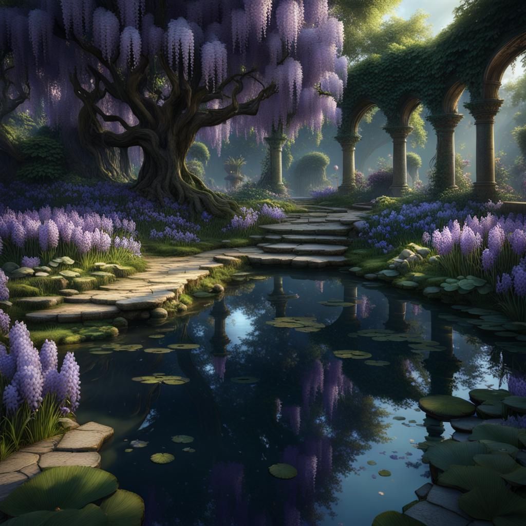 A secret garden with winding paths bordered by cascading wisteria vines ...