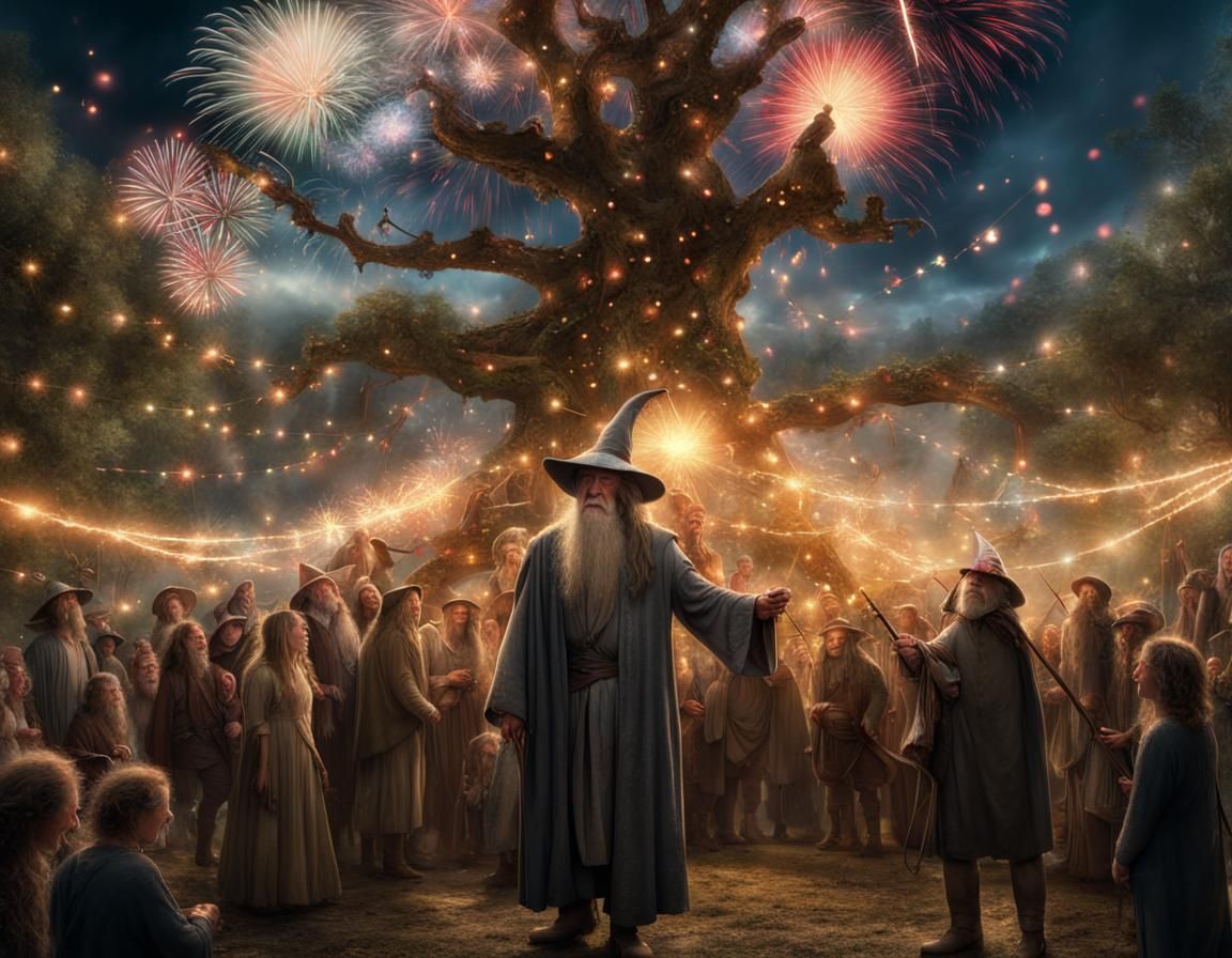 Gandalf and the Hobbits at the Party Tree in Hobbiton, v3 - AI ...