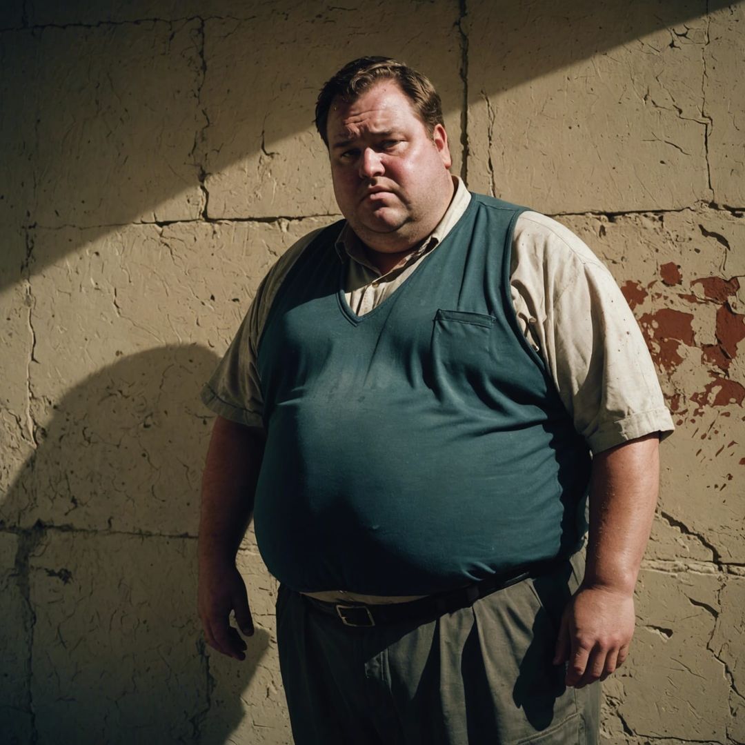 fat obese man very big belly, he is very sad, he is stained with lots ...