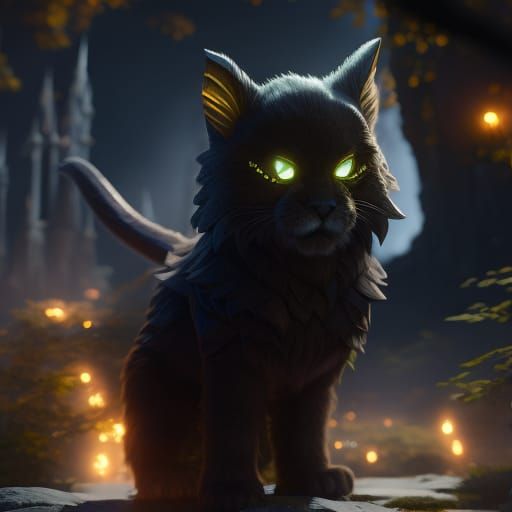 basalt cat golem, feline golem made of basalt, golem cat as black glow ...