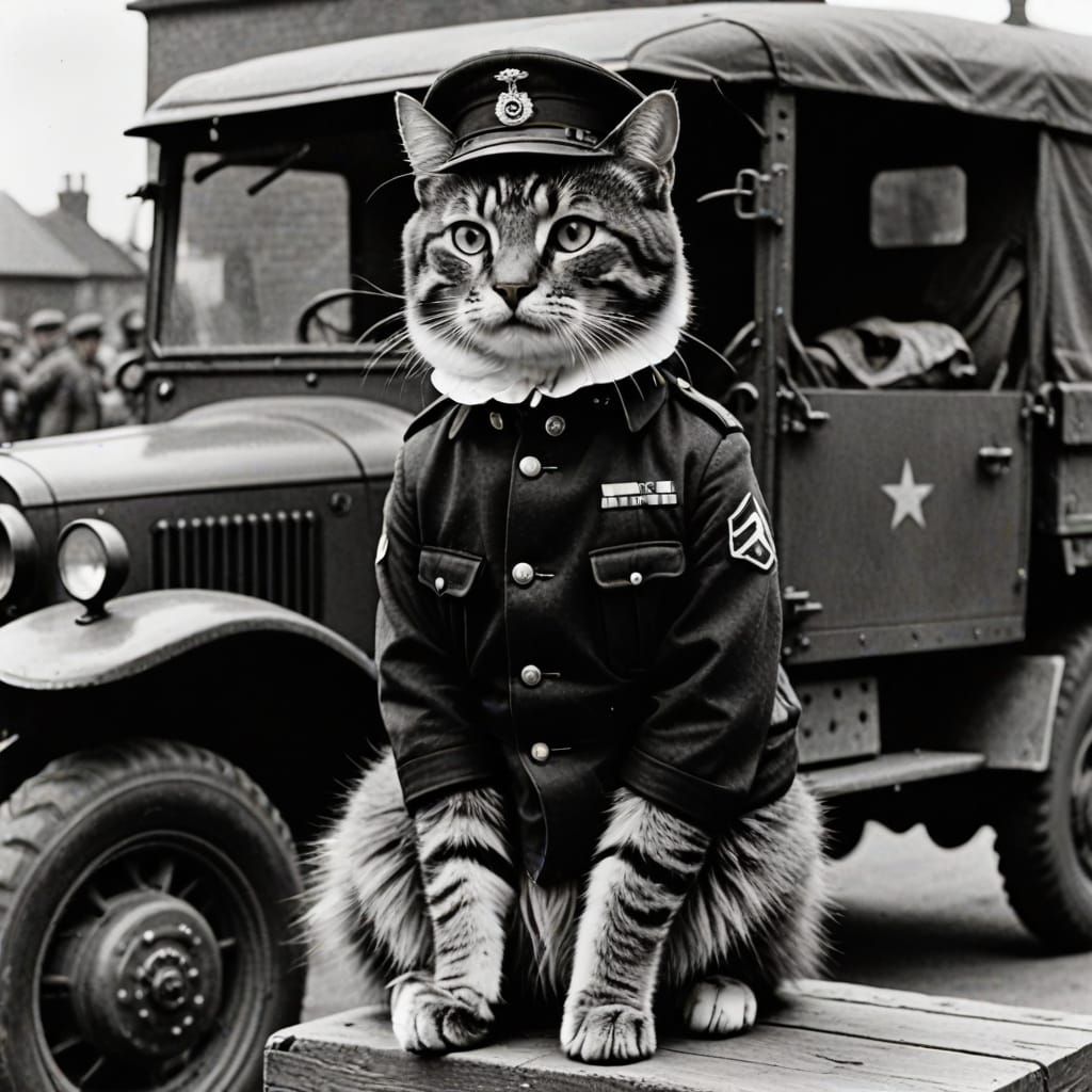 Sgt. Smokey - Tabby Cat Soldier Drives Vintage Truck in Blac...