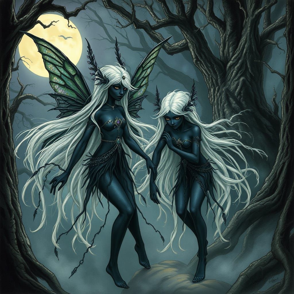Whimsical Dark Faeries Gather in a Mystical Moonli... - AI Art