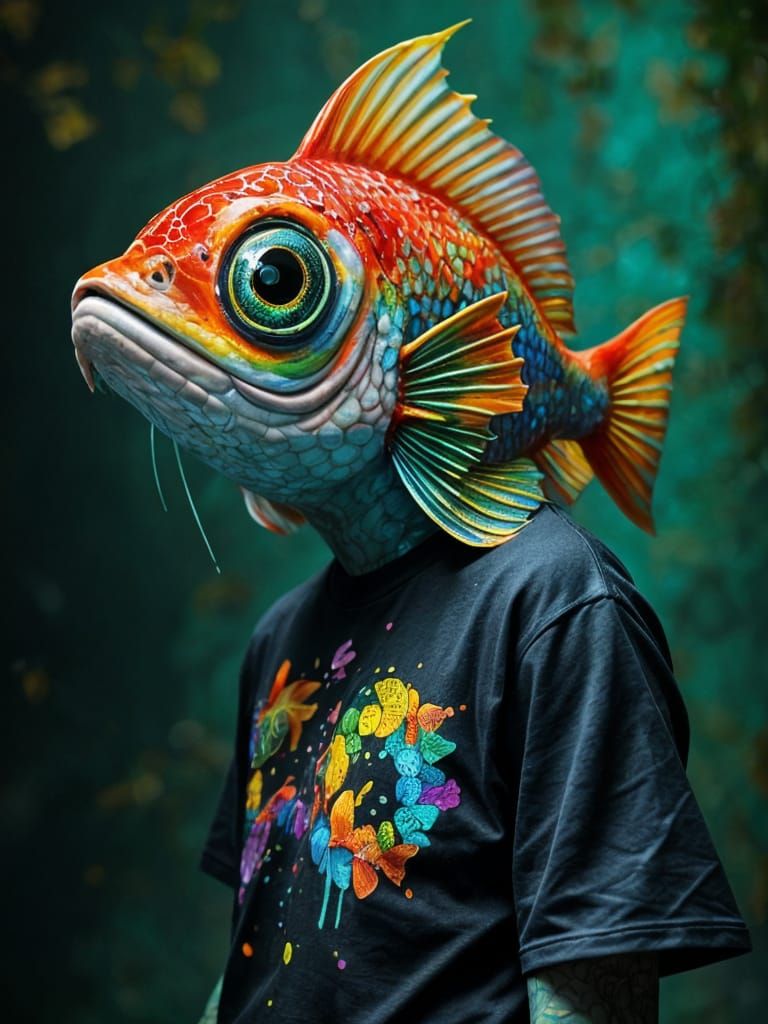 Fish-Faced Human in Vibrant, Illusory Armor - AI Art