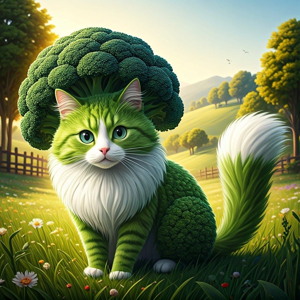 Whimsical Farm Cat with Broccoli Fur, Set in a Dre... - AI Art