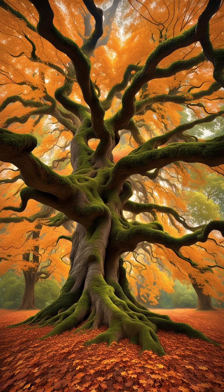 In the heart of an ancient grove, where towering trees stretch their ...