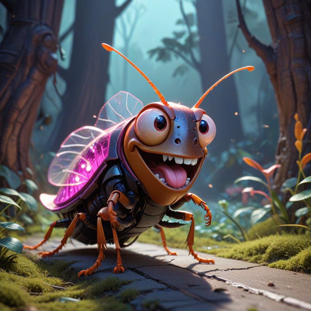 A whimsical, exaggerated cartoon cockroach with shiny, rounded ...