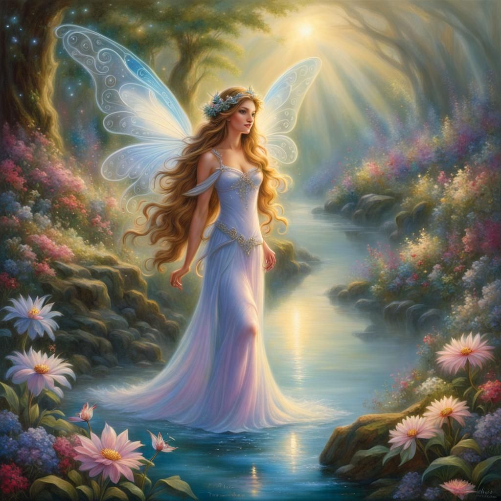 A fairy with long shiny hair and beautiful face with sparkly wings ...