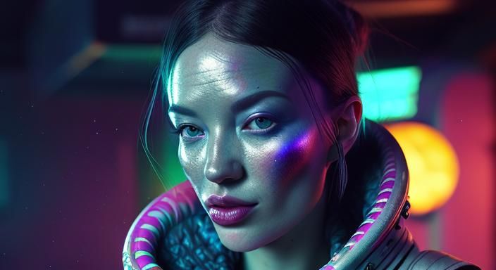 full body image, stunning beautiful female alien shopping at a space ...