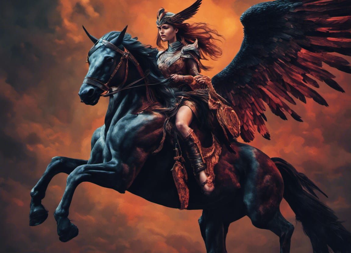 Valkyrie riding black Pegasus - AI Generated Artwork - NightCafe Creator