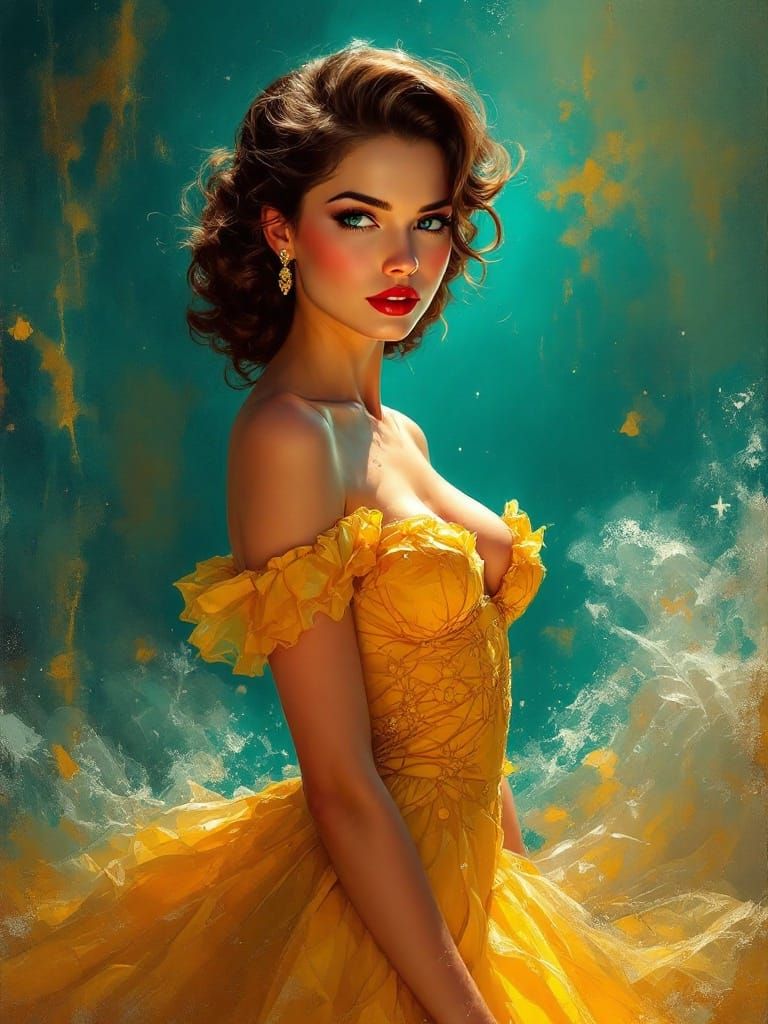 Eyes like sharp perfume, Yellow dress owns every glance— Power wrapped in charm.