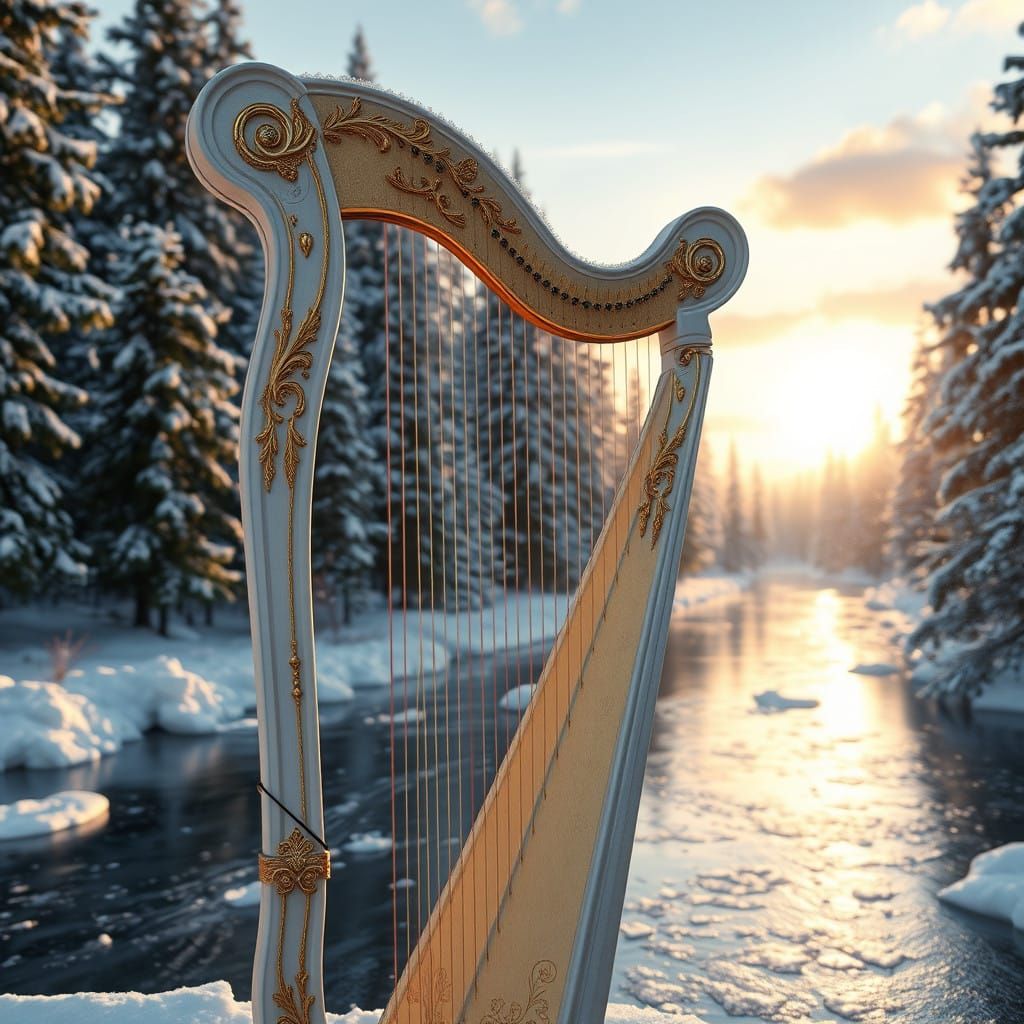 Hyperrealistic portrait of a beautiful white harp with intricately ...