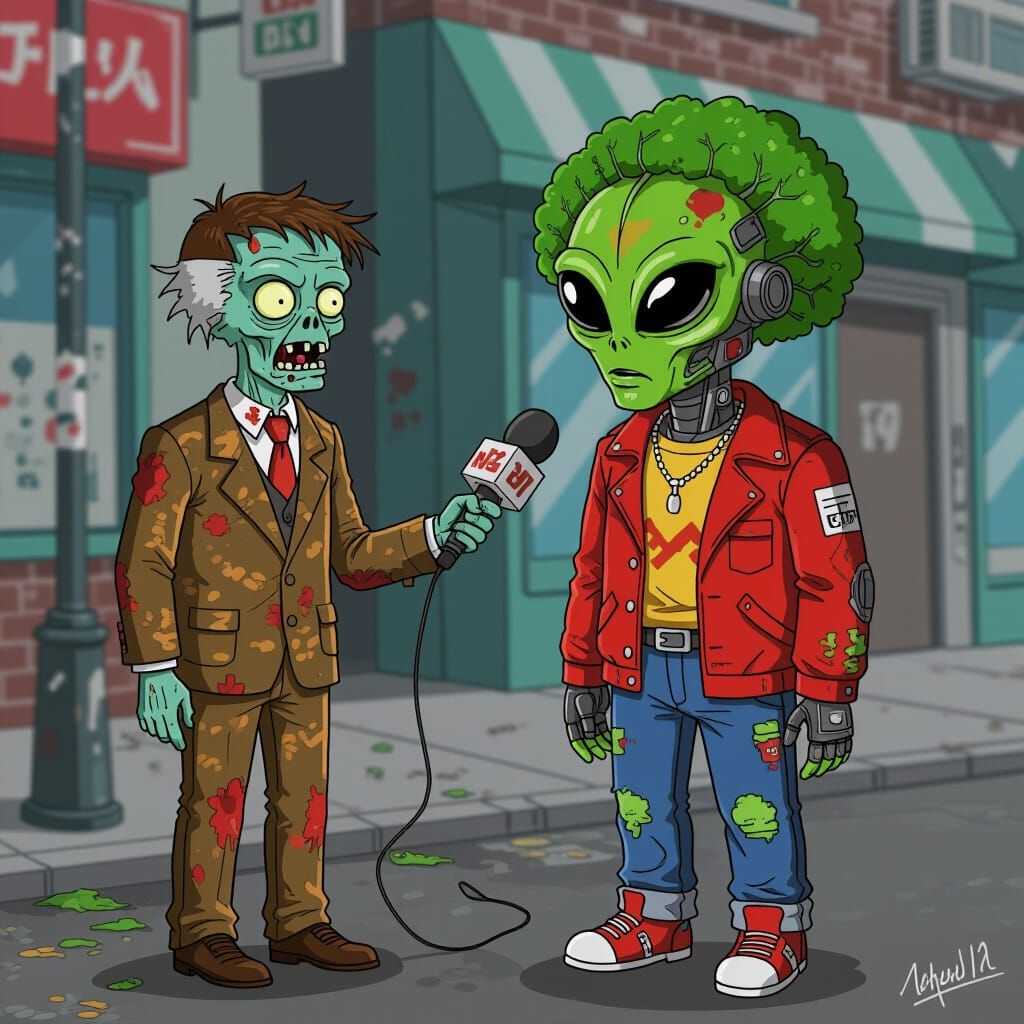 Surreal 1980s Zombie Interview in Gritty Anime Sty... - AI Art