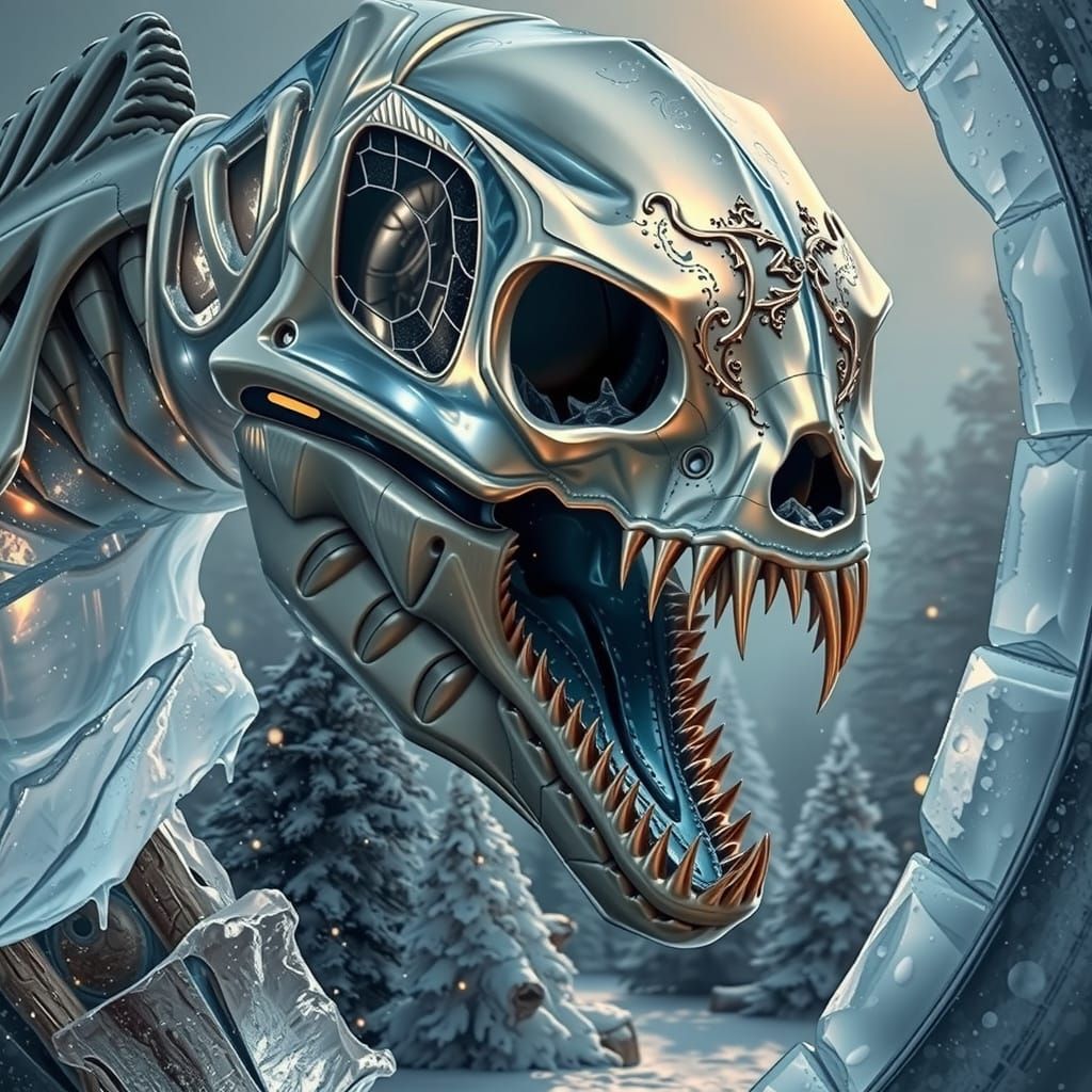 Futuristic Ice Raptor Skull in Ethereal Morning Li... - AI Art