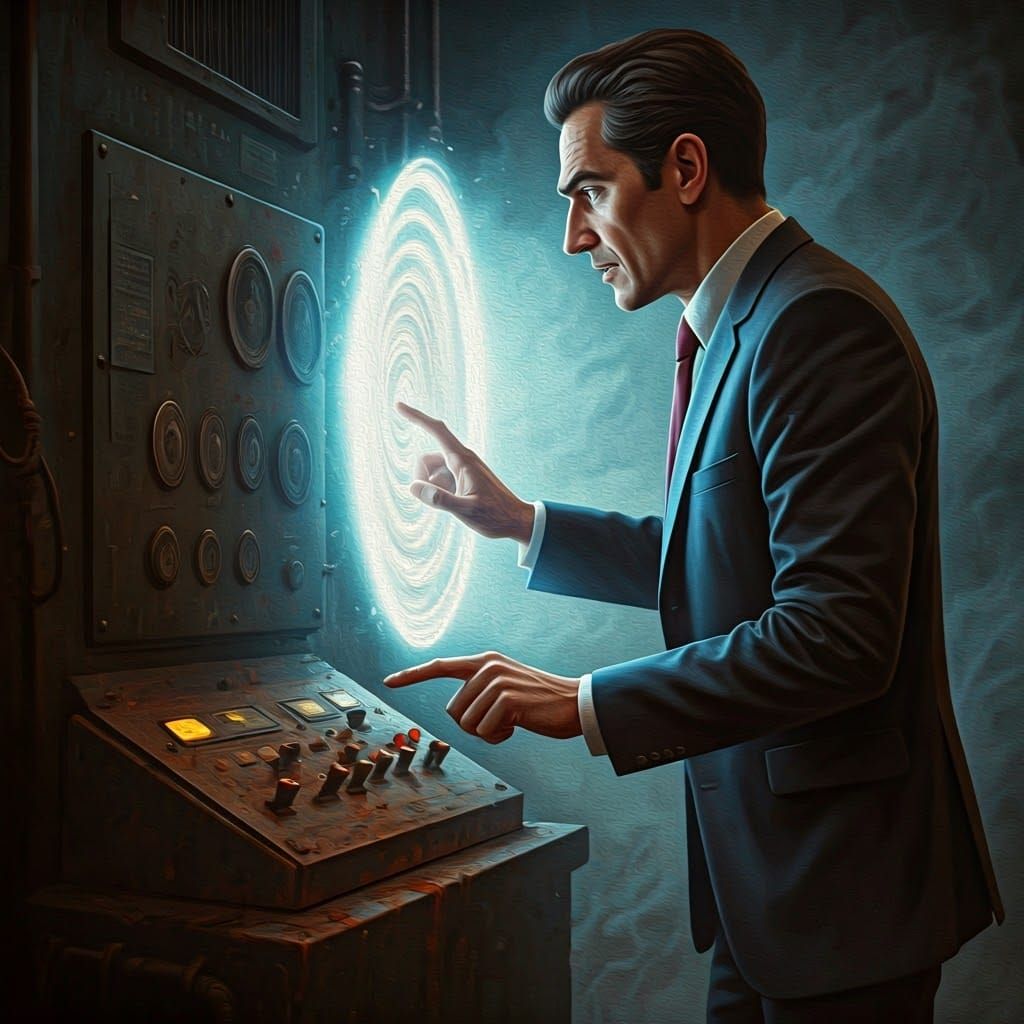Realistic oil painting. surreal scene where pressing a button opens a ...