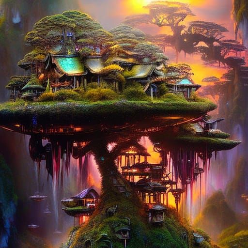 Steampunk bonsai treehouse village - AI Generated Artwork - NightCafe Creator
