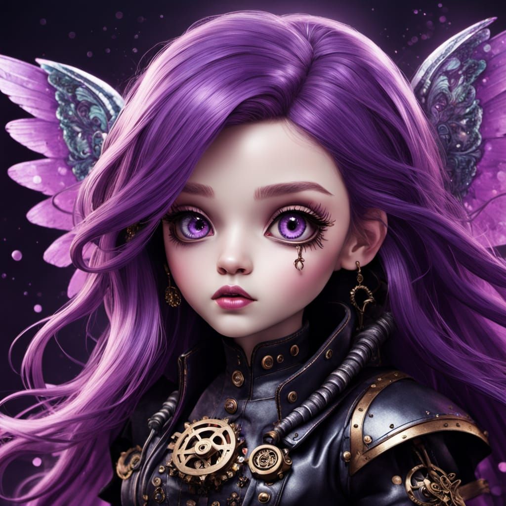 Gothic Chibi Angel Rides Steampunk Hippo in Violet... - AI Art