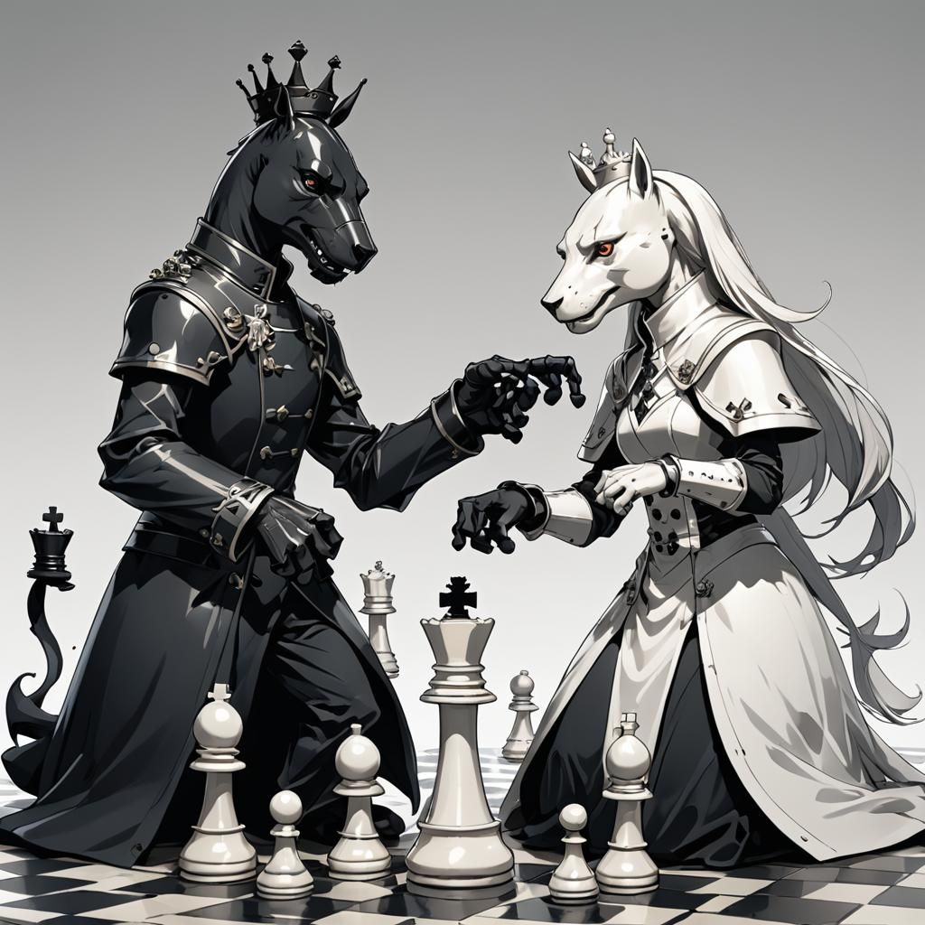anthropomorphic black chess rook fighting a anthropomorphic white chess ...