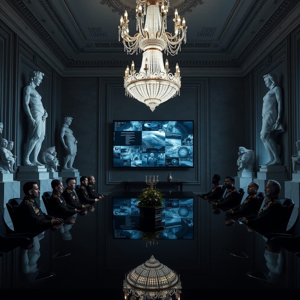 In a fictitious setting, seated in the oval walled briefing room of the ...