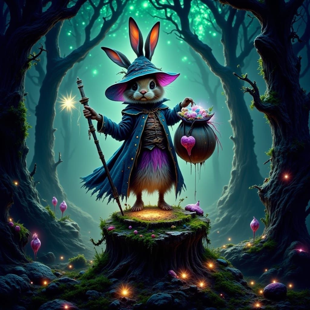 Whimsical Rabbit Wizard in Enchanted Forest - AI Art