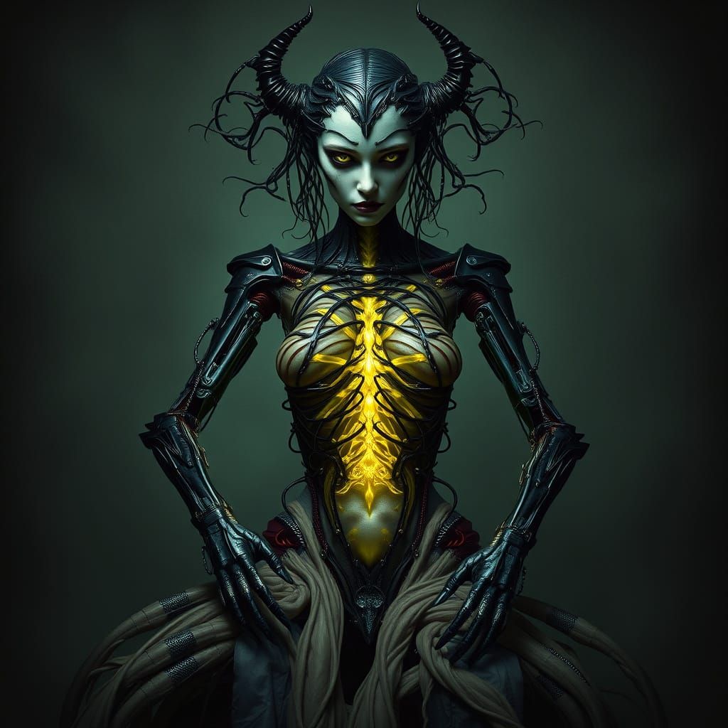 Gothic Cyborg Vampire Queen Sits Amidst Dark, Meta... - AI Art