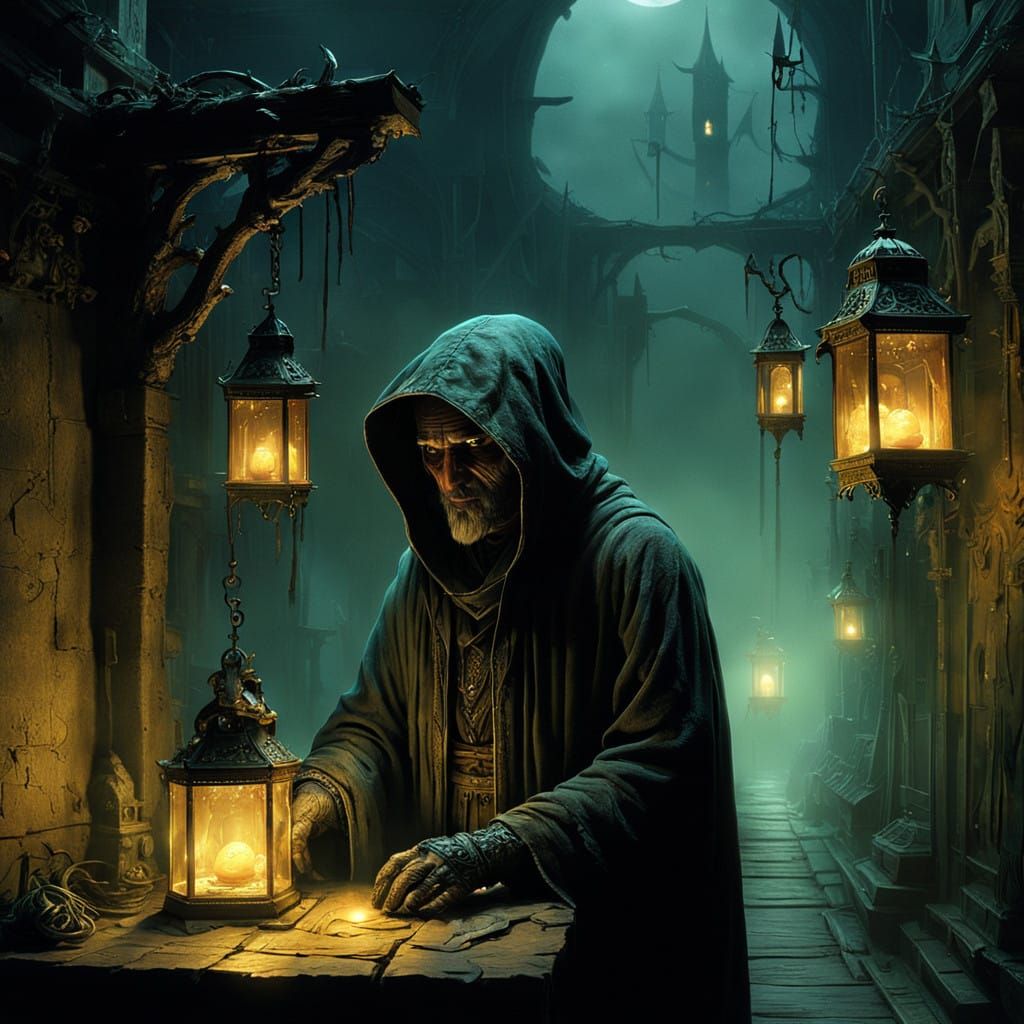 Mysterious Merchant in a Haunting, Dreamlike Marke... - AI Art