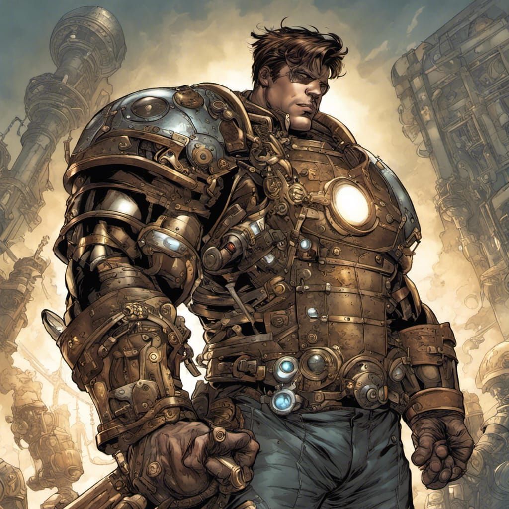Steampunk, armored, male, buff, superhero, hammer, - AI Generated Artwork - NightCafe Creator