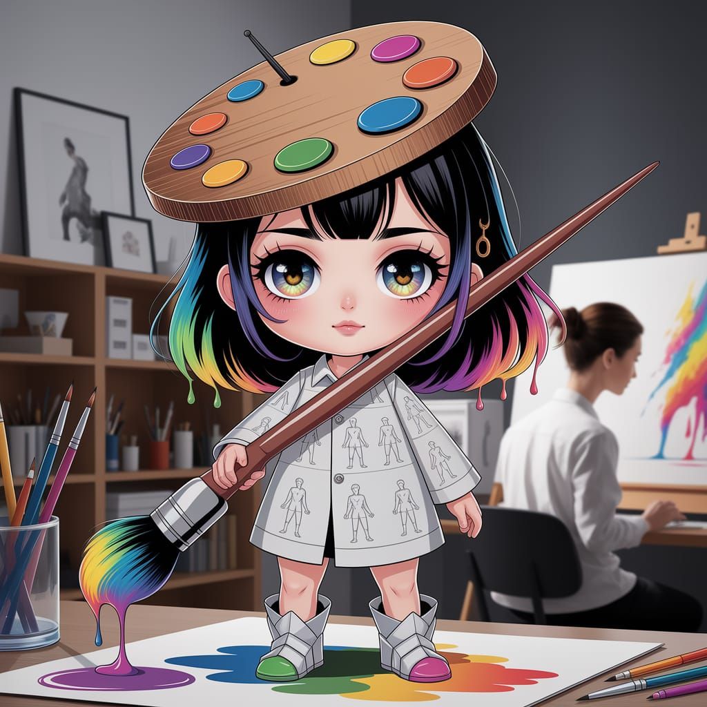 Imagine a chibi anime character that represents art. Her eyes are a ...