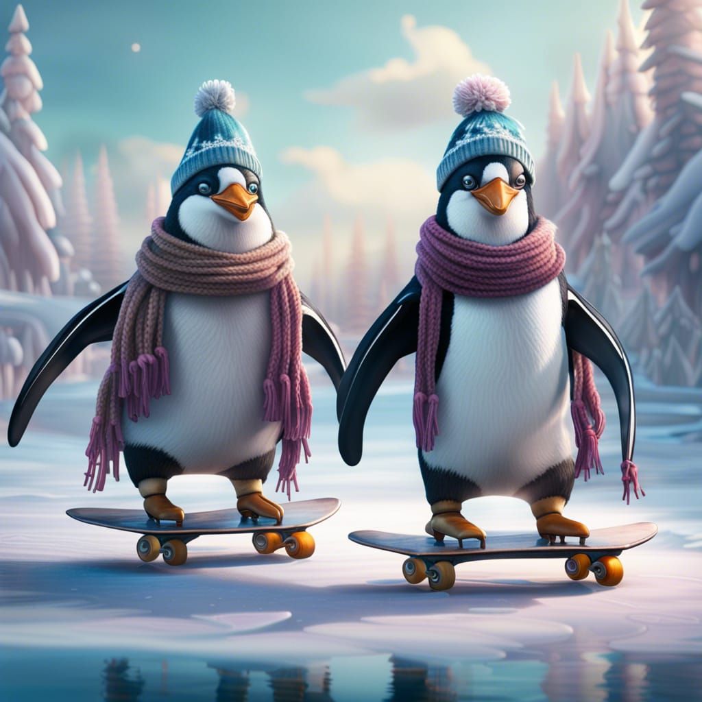 Anthropomorphic humanoid penguins wearing wool hats and scarfs skating ...