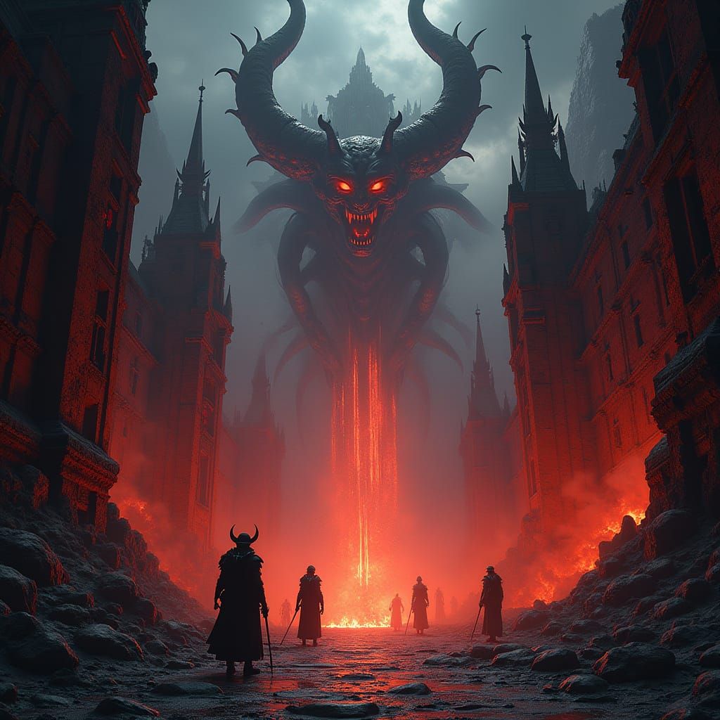 Medieval Hell City in Anime Style, Illuminated by ... - AI Art