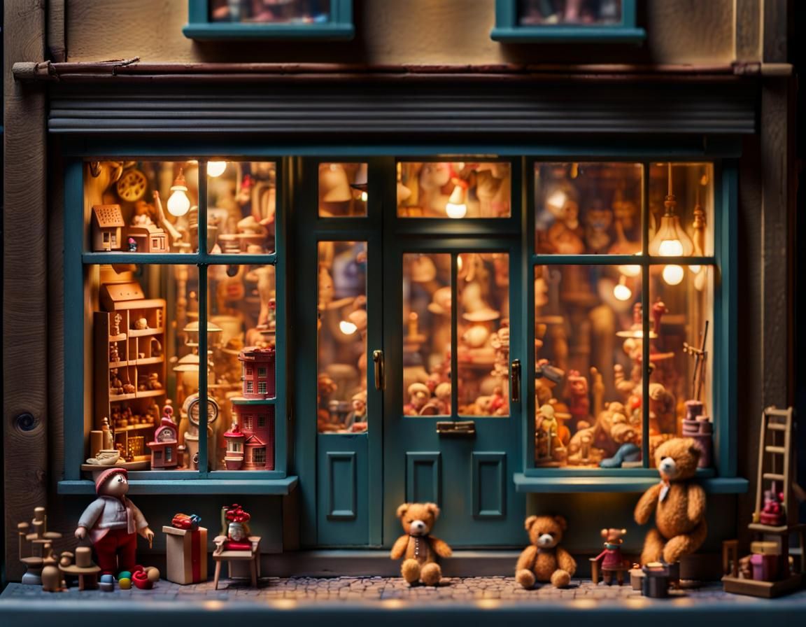 miniature alleyway diorama of a detailed toy store shop window, with ...