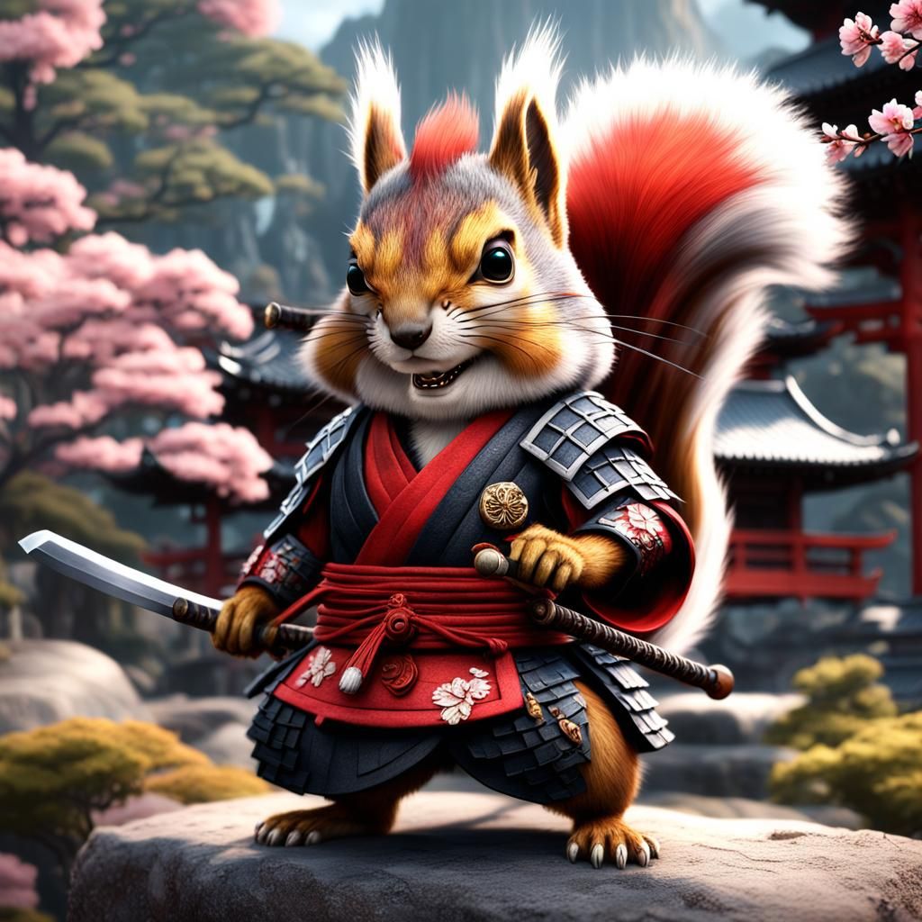 cute fluffy squirrel as angry Japanese samurai shogun warrior, samurai ...