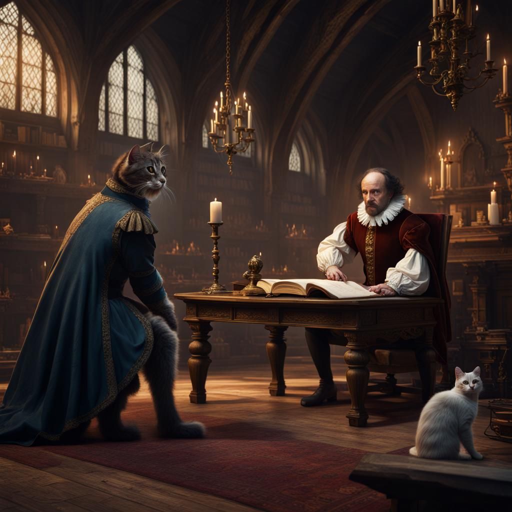 Discussing Shakespeare with the cat - AI Generated Artwork - NightCafe ...