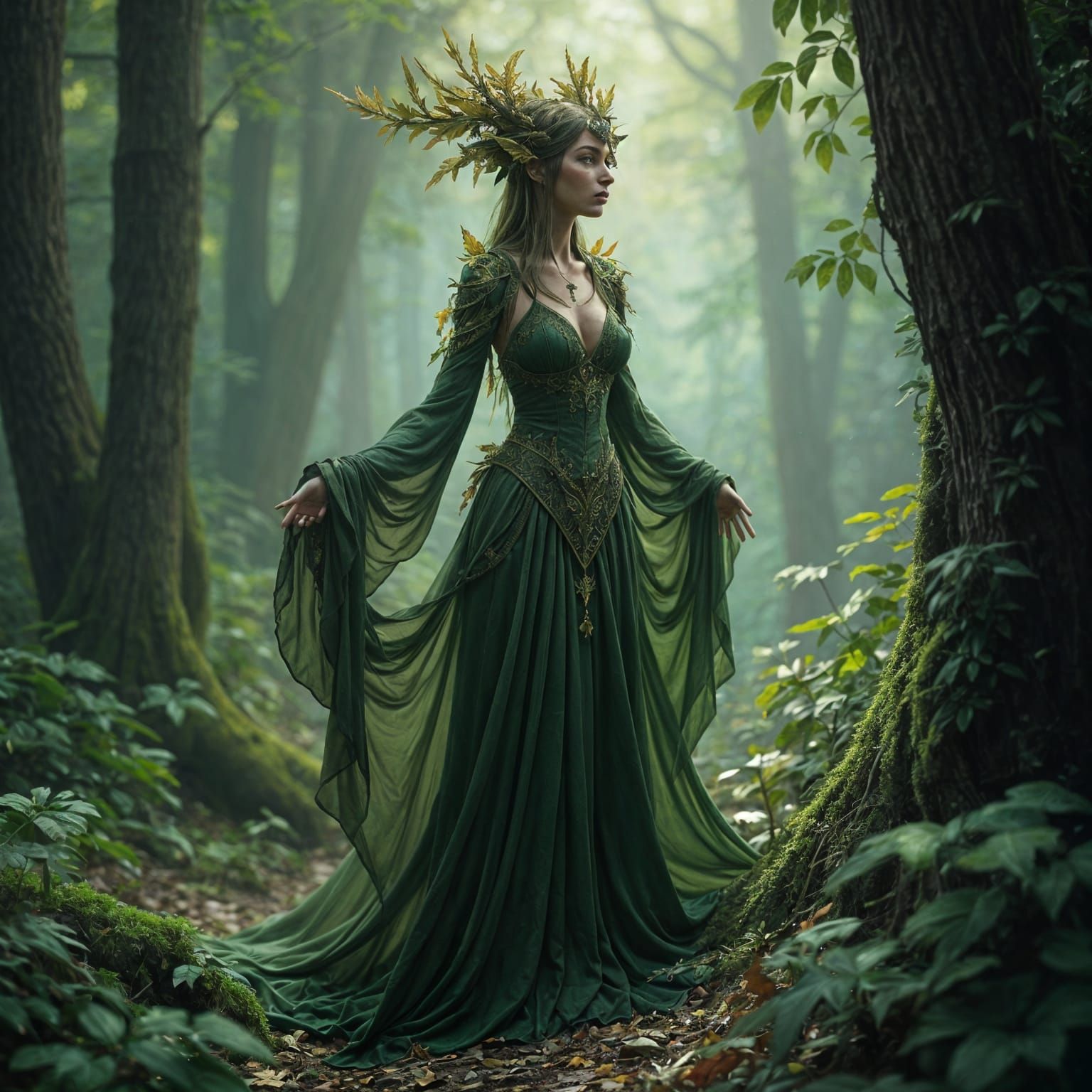 Regal Dryad Goddess in Forest Realm - AI Art